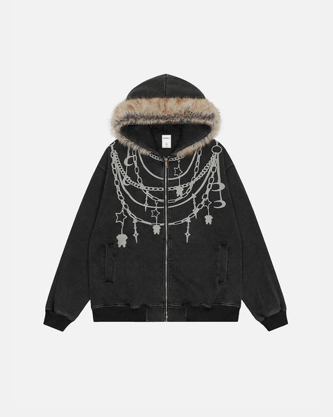 Chain Acid Wash Zip Up Jacket With Fur Collar | Inflation Streetwear ...